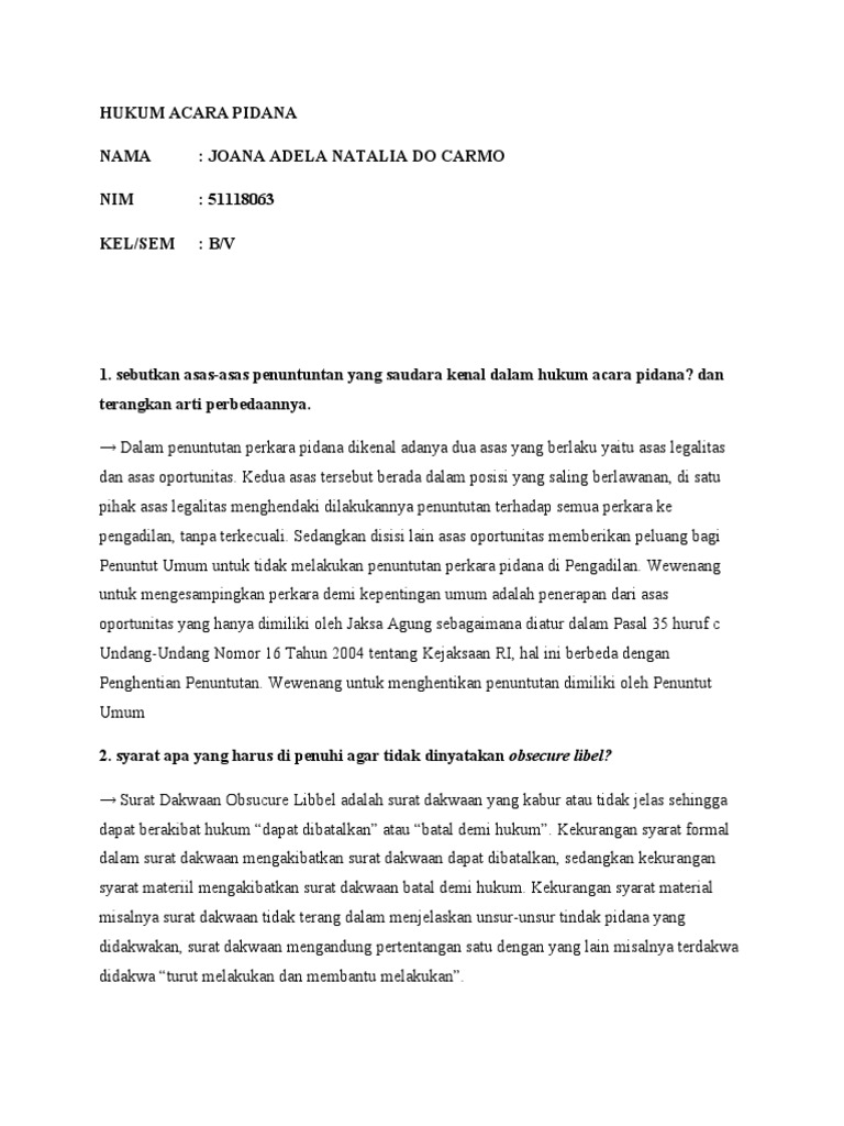 Hukum Acara Pidana - Joana Adela Natalia Do Carmo - 51118063 - B... | PDF | Hukum