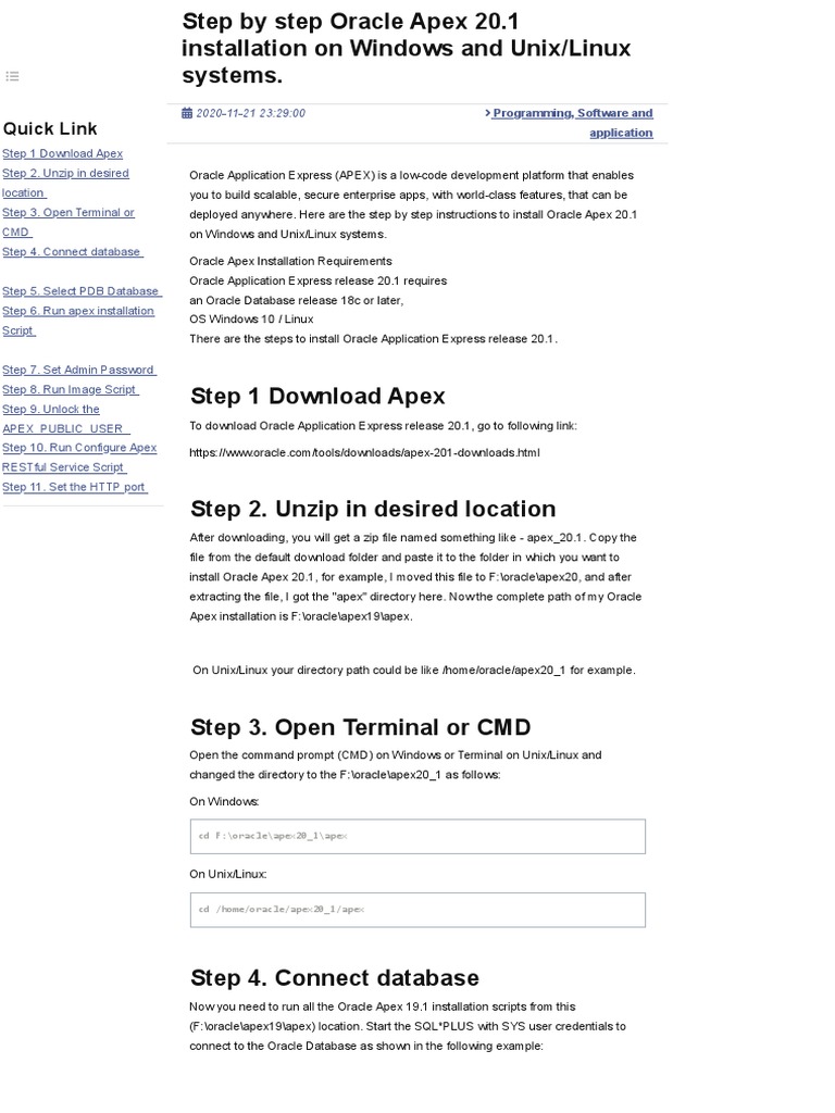 Step by Step Oracle Apex 20.1 Installation On Windows and Unix - Linux ... Step by Step Oracle Apex 20.1 Installation On Windows and Unix - Linux ...