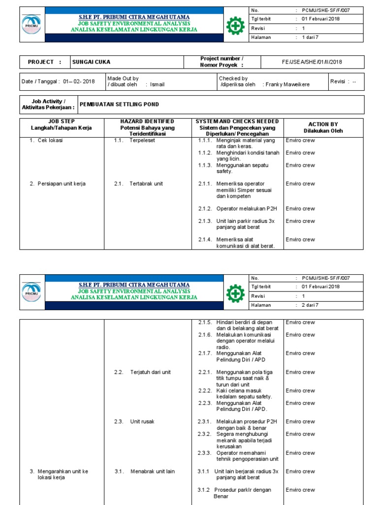 01 - PCMU-SHE-ENV-P-001 - JSEA Pembuatan Settling Pond | PDF