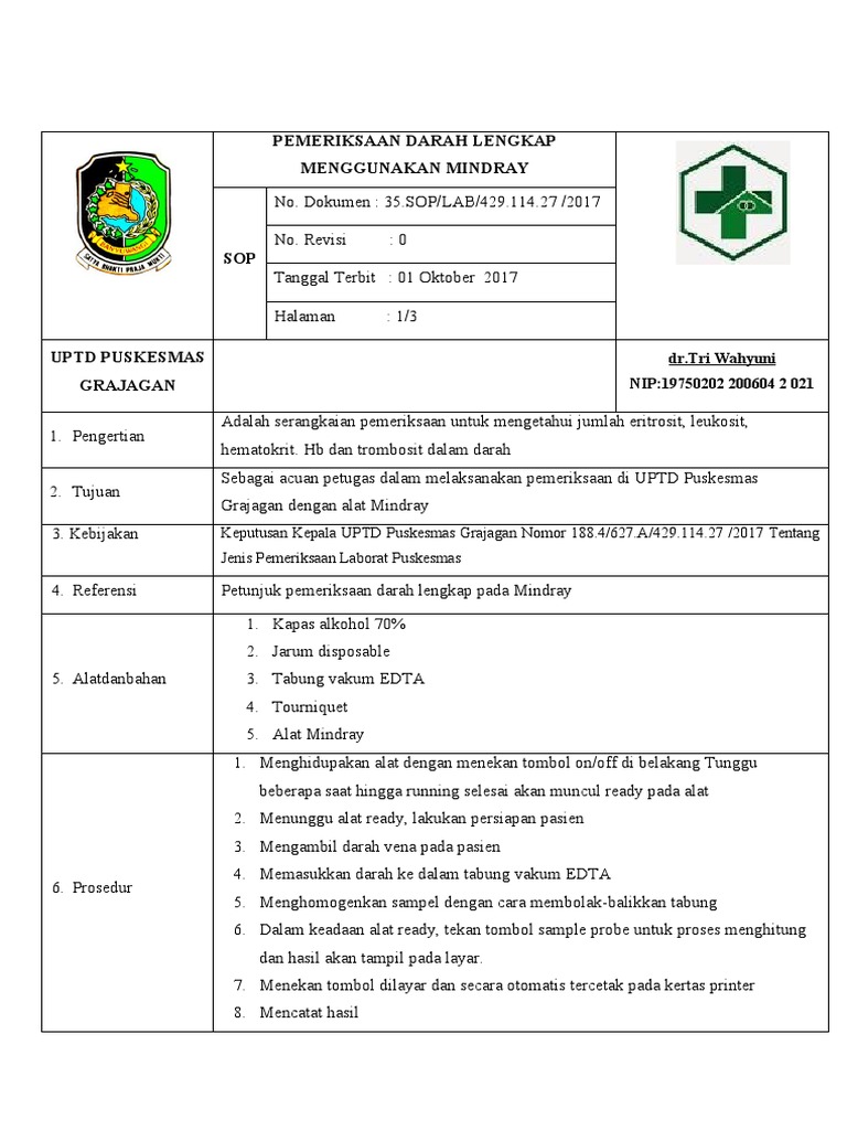 35 SOP PEMERIKSAAN DARAH LENGKAP MENGGUNAKAN SYSMEX POCH-100i | PDF