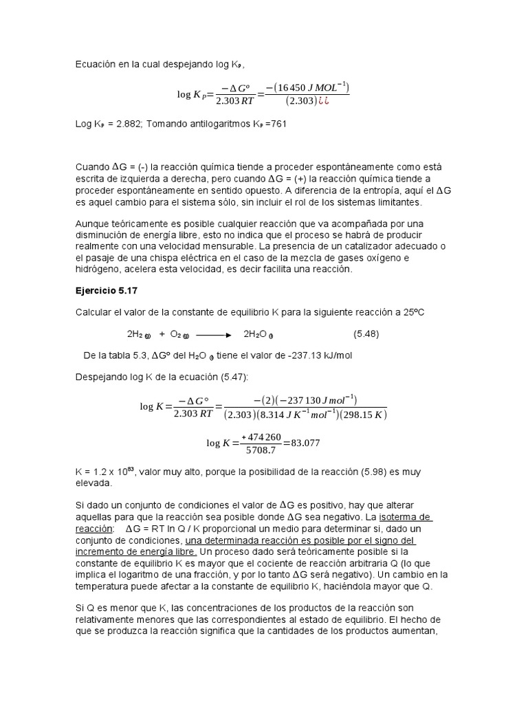 Log K Gº 2.303 RT (16450 J MOL) (2.303) : Ejercicio 5.17 | Descargar gratis PDF | Equilibrio ...