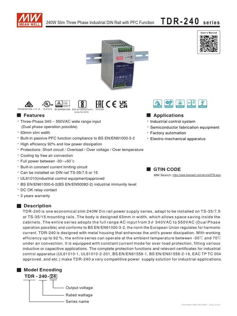 TDR 240 Spec | PDF | Power Supply | Electromagnetic Compatibility