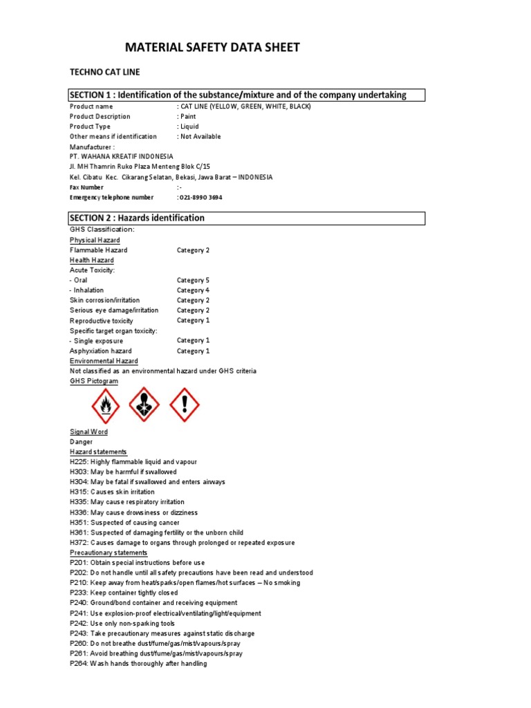 Techno Cat Line - MSDS | Download Free PDF | Dangerous Goods | Toxicity