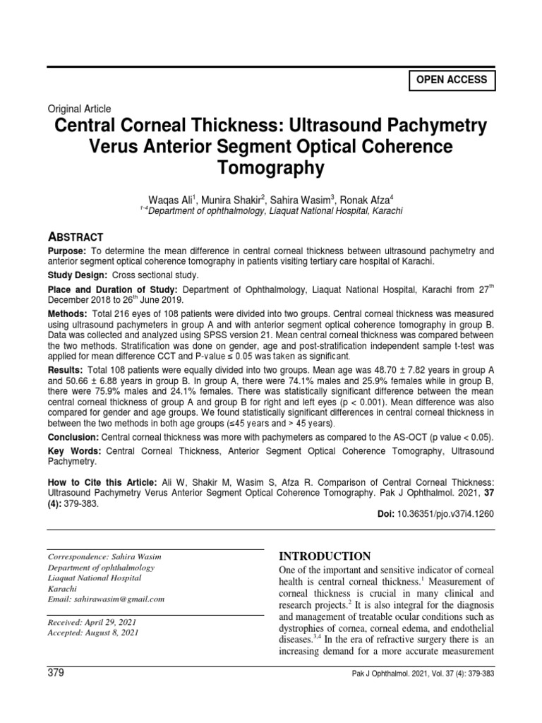 Central Corneal Thickness: Ultrasound Pachymetry Verus Anterior Segment Optical Coherence ...