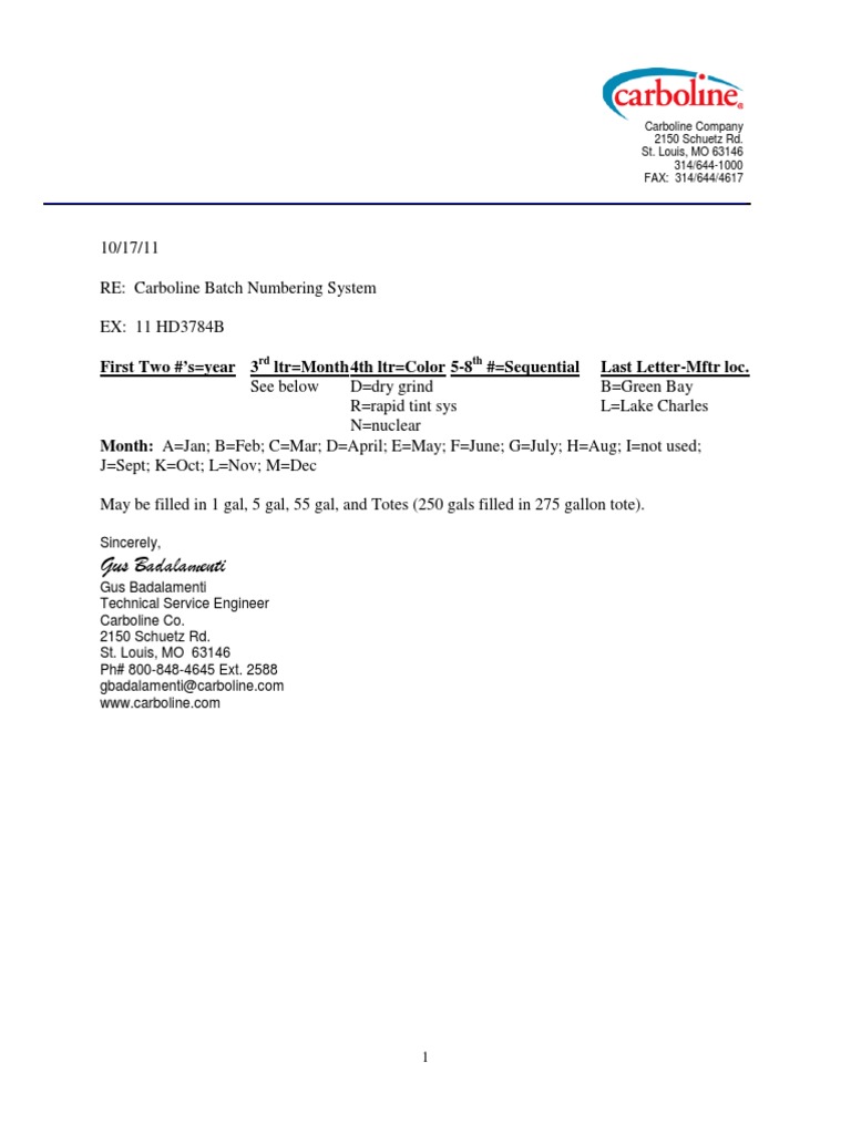 Carboline Batch Numbering Explained | PDF