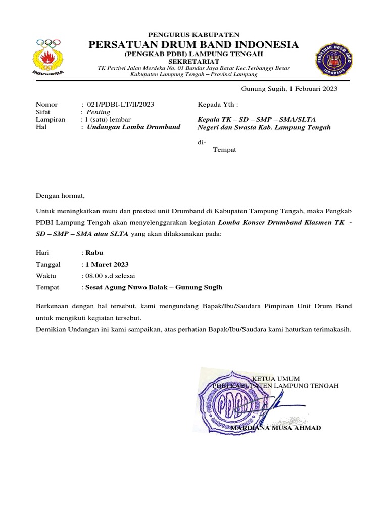 Surat Lomba Drumband Feb 2023 | PDF