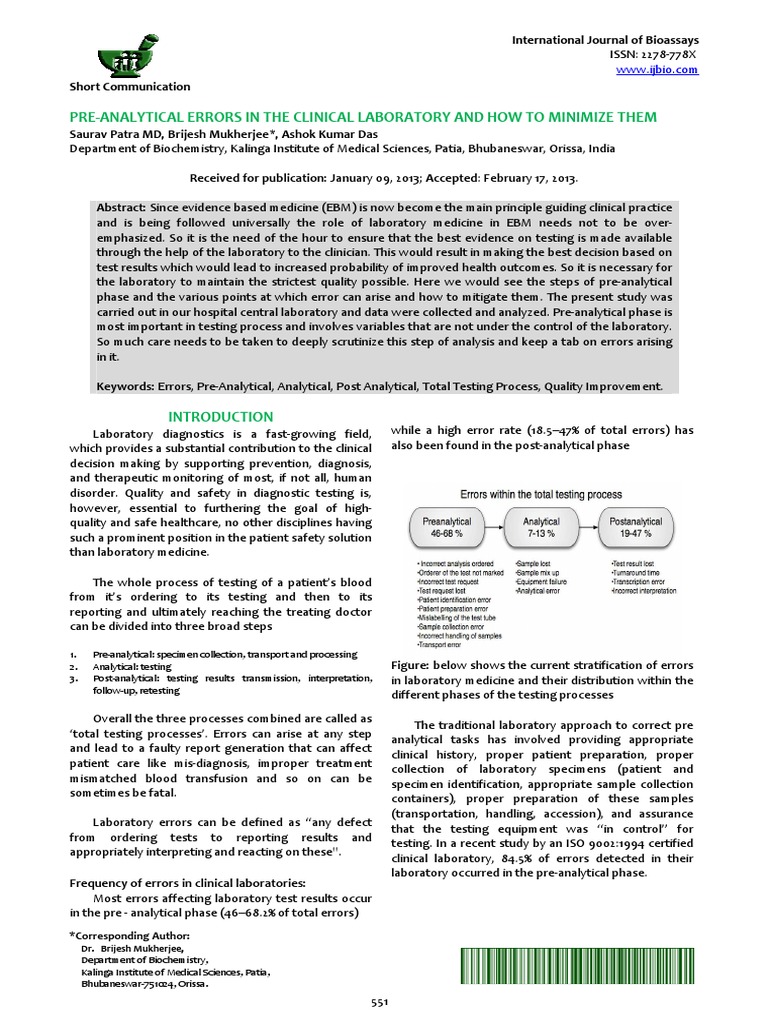 Preanalytical Errors in The Clinical Laboratory and How To Minimize Them | PDF | Medical ...