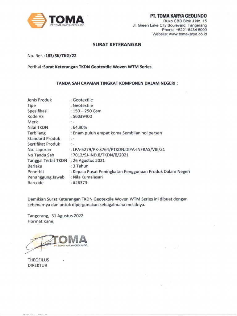 183-Surat Keterangan TKDN Geotextile Woven WTM | PDF