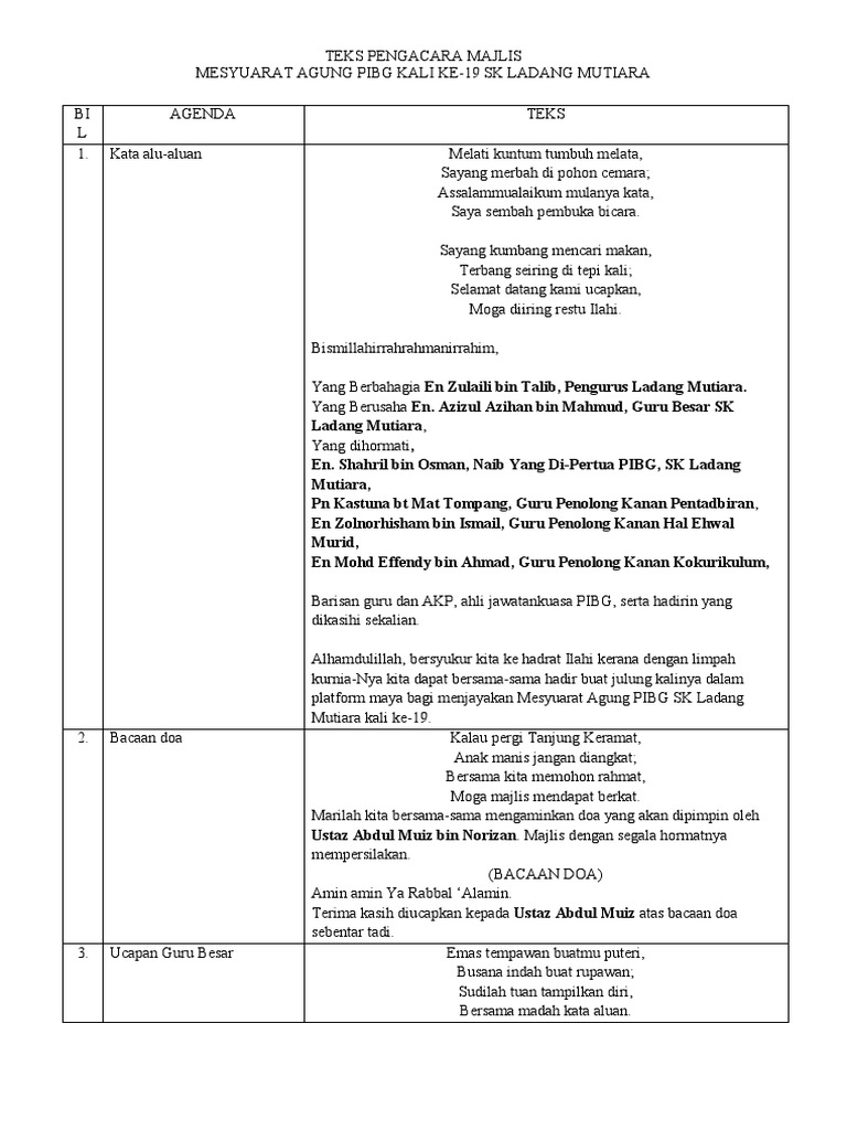 Teks Pengacara Majlis Mesyuarat Agung Pibg 2021 | PDF