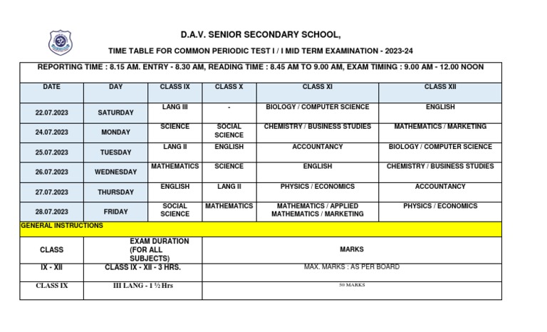 Class IX-XII Exam Timetable 2023-24 | PDF