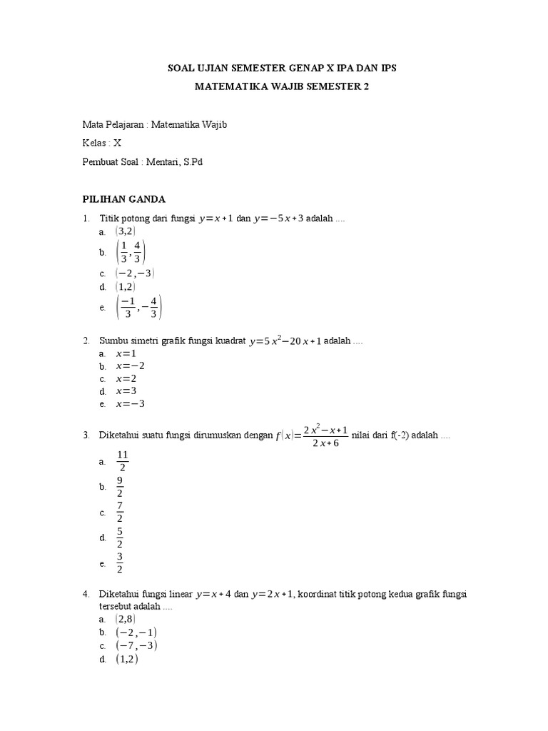 Soal Ujian Kelas X Ipa & Ips Pas MTK Wajib 2023 | PDF