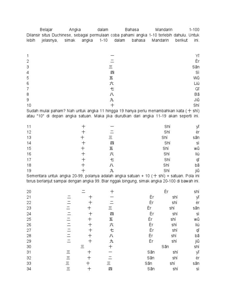 Belajar Angka Dalam Bahasa Mandarin | PDF