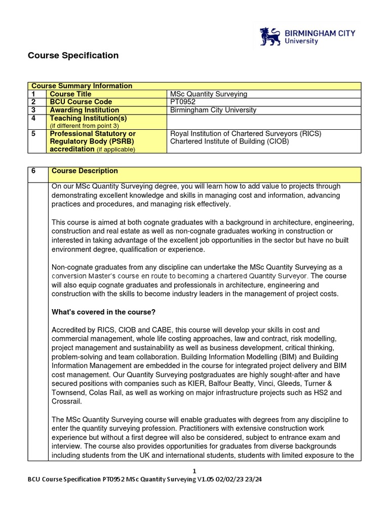 pt0952 MSC Quantity Surveying 22 23 133198242677364446 | PDF | Master's Degree | Academic Degree