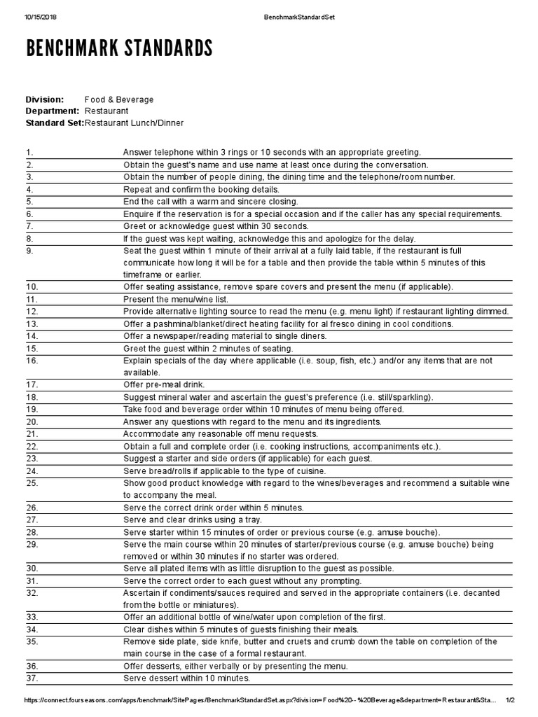 Restaurant Service Benchmark Standards | PDF | Restaurants | Menu