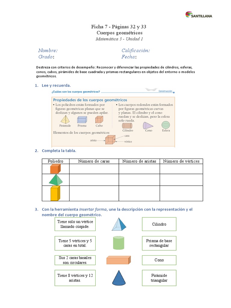 M3 Ficha 7 Pag 32 y 33 Cuerpos Geometricos | PDF | Métodos y materiales ...