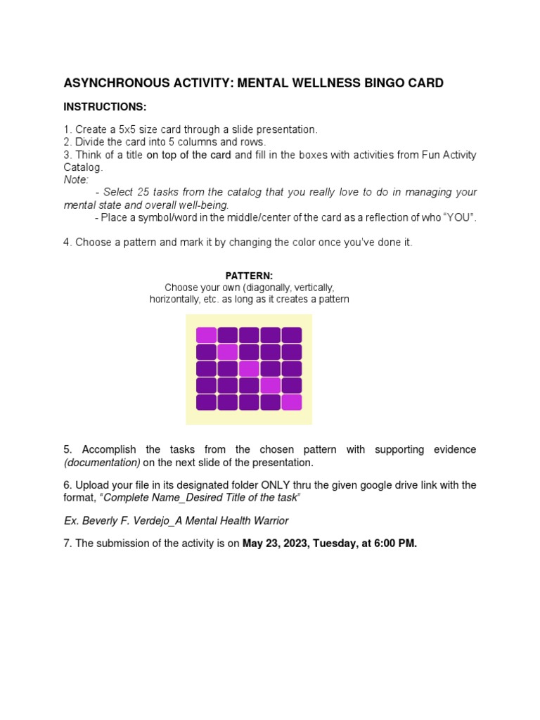 Mental Wellness Bingo Activity | PDF