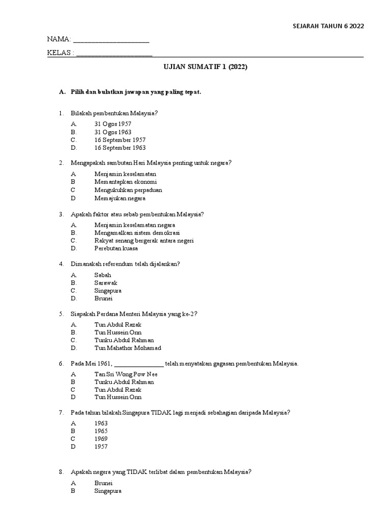 Ujian Sumatif 1 Sej t6 | PDF