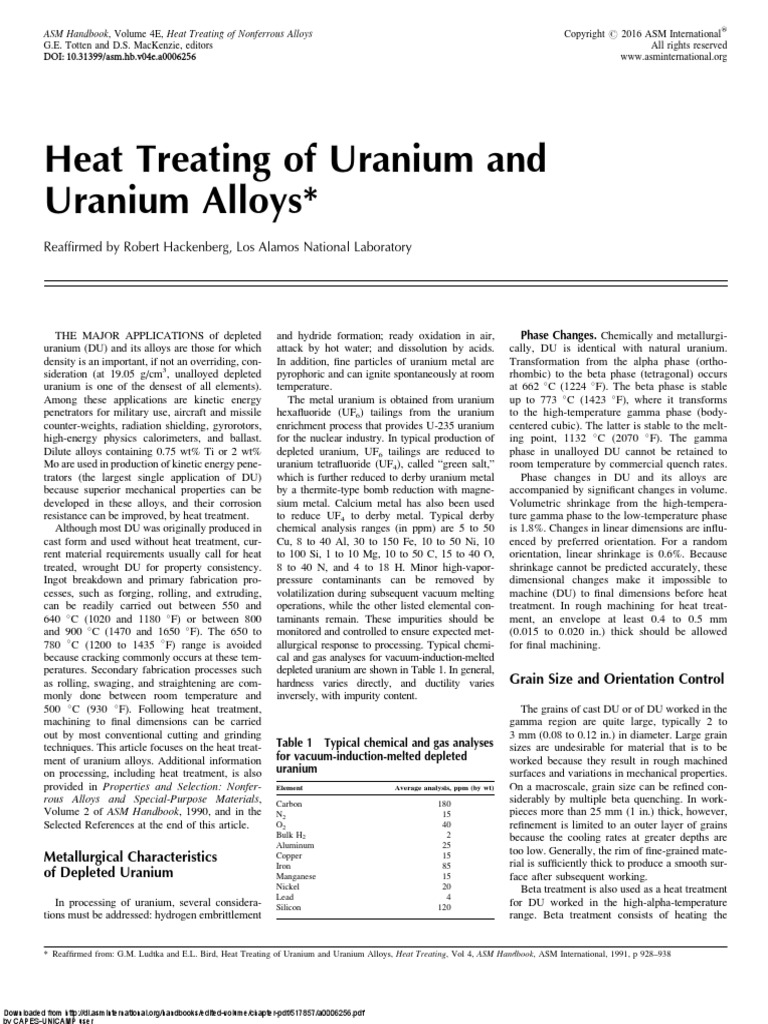 Heat Treating of Uranium and Uranium Alloys : Reaffirmed by Robert ...