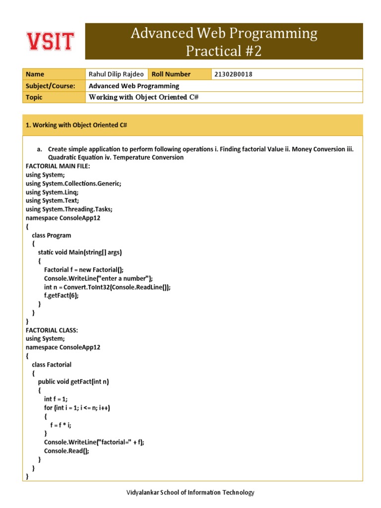 AWP Worksheet - Practical - 2 | PDF | C Sharp (Programming Language) | Computing