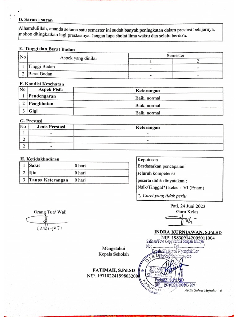 form belakang rapor | PDF