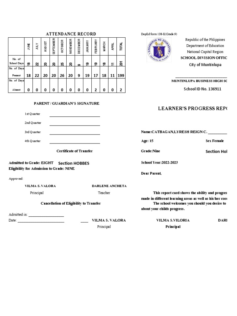 SF 9 JHS Learners Progress Report Card B | PDF | Cognition