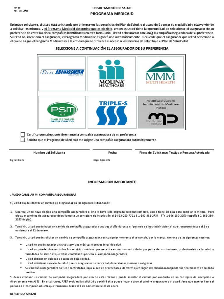 Aa Ma-39 Seleccion de Aseguradora - Rev. Dec. 2018 | PDF | Medicare ...