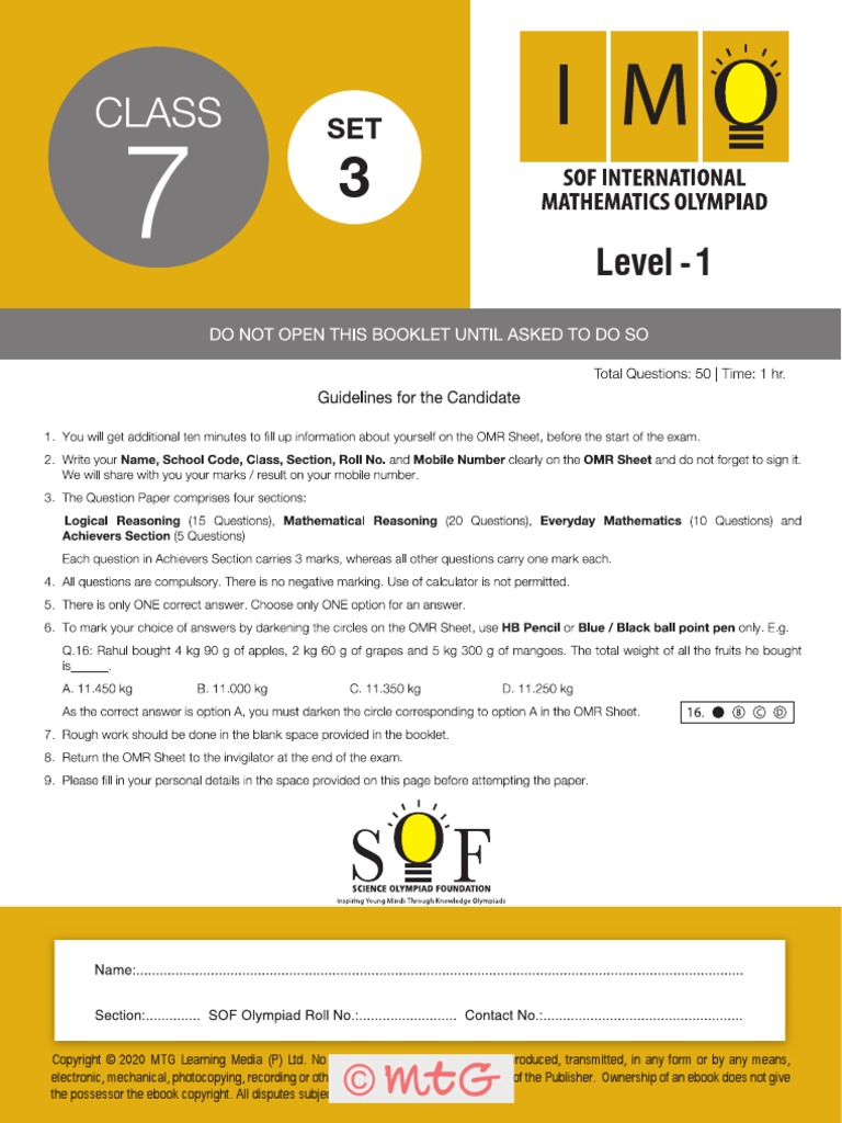 Imo Level1 Class 7 Set 3 | PDF | Triangle | Area