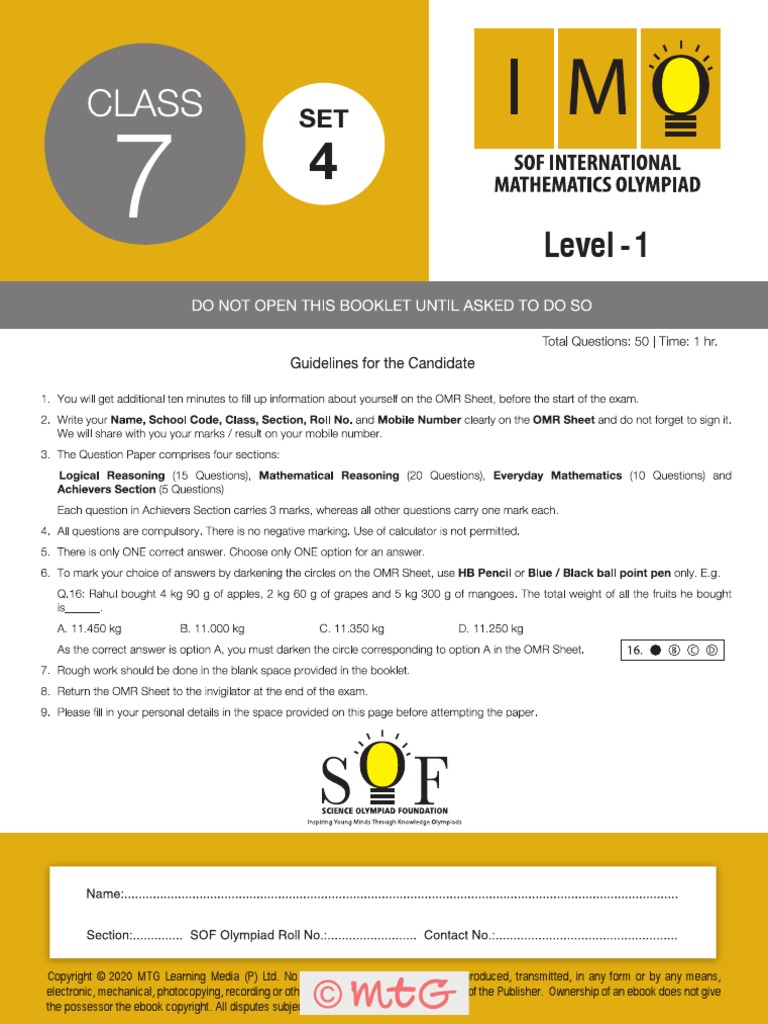 Imo Level1 Class 7 Set 4 | PDF | Triangle | Elementary Mathematics