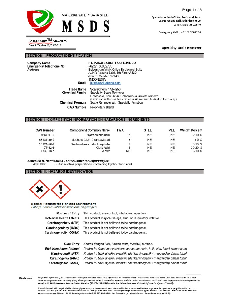 MSDS ScaleChem SR-7025 | PDF | Dangerous Goods | Safety
