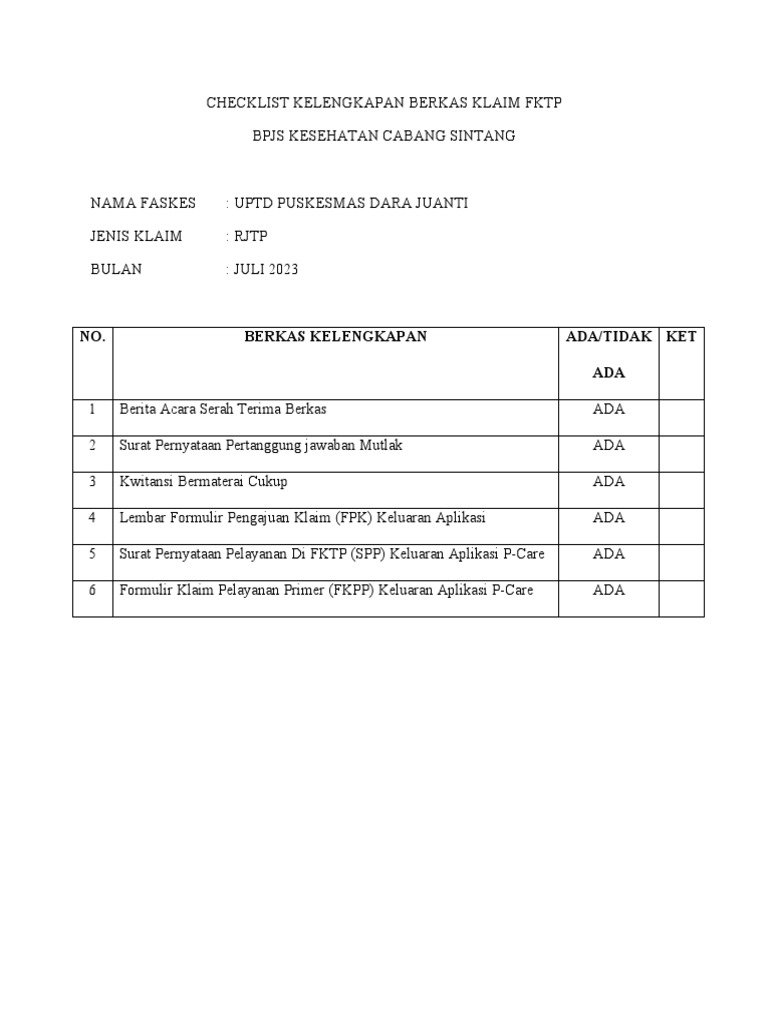 Checklist Kelengkapan Berkas Klaim FKTP | PDF