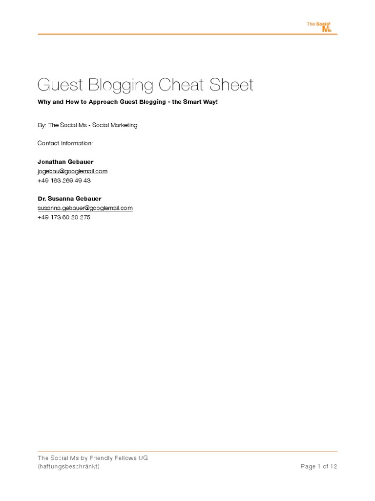 Guest Blogging Cheat Sheet | PDF | Blog | Social Media