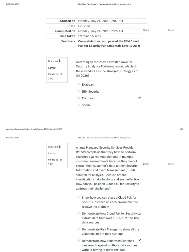 IBM Cloud Pak For Security Fundamentals Level 1 Quiz - Attempt Review | PDF | Cloud Computing ...