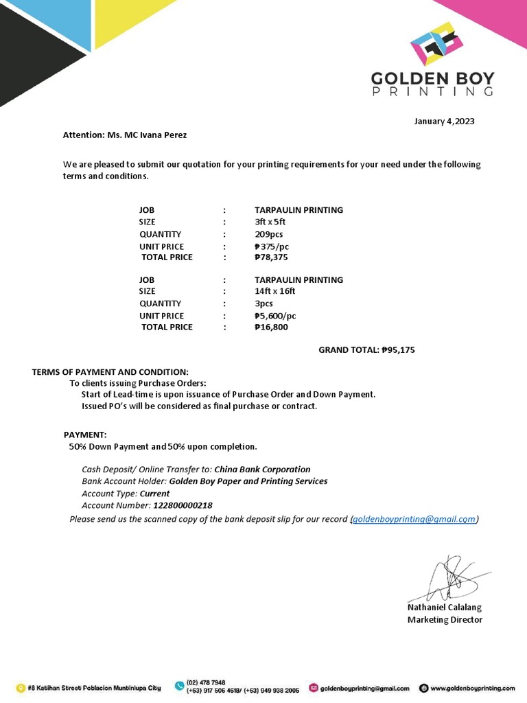 Ms. MC Ivana Perez_Tarpaulin printing Quotation_01.04.23 | PDF