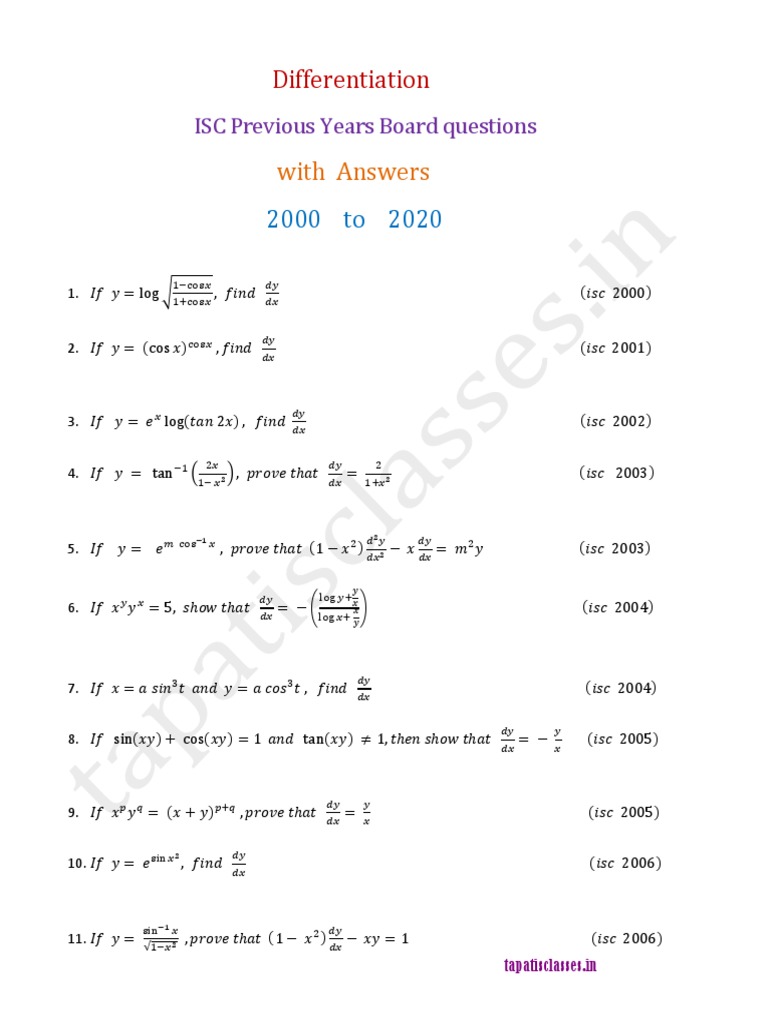Differentiation. Previous Years Board Questions 2000 To 2020 With ...
