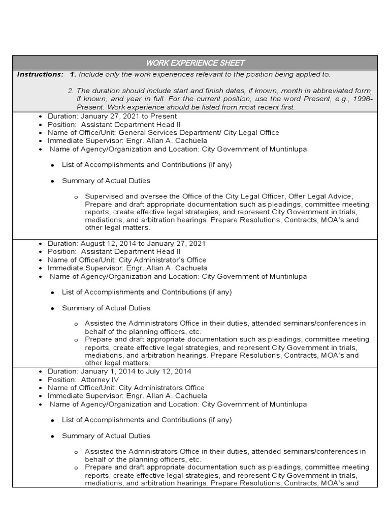 Work Experience Sheet | Download Free PDF | Mediation | Government