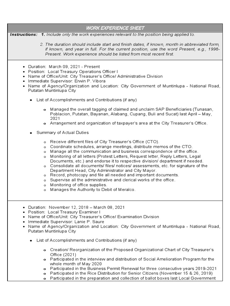 Work Experience Sheet FINAL REQ. LTOO II | PDF | Business | Government