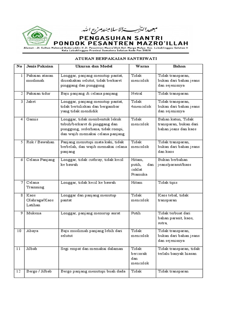 Aturan Berpakaian Santriwati | PDF