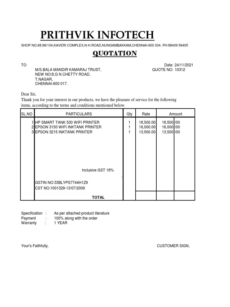 Quotation for Printers - Prithvik Infotech | PDF | Finance & Money ...