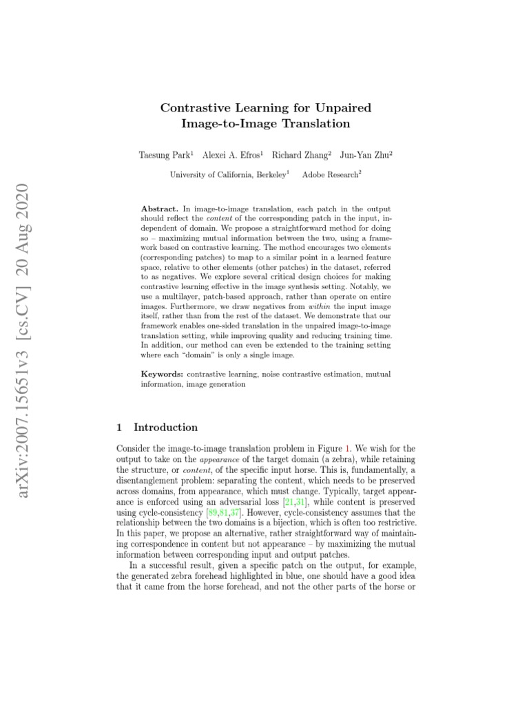 Contrastive Learning For Unpaired Image-to-Image Translation | PDF | Function (Mathematics ...