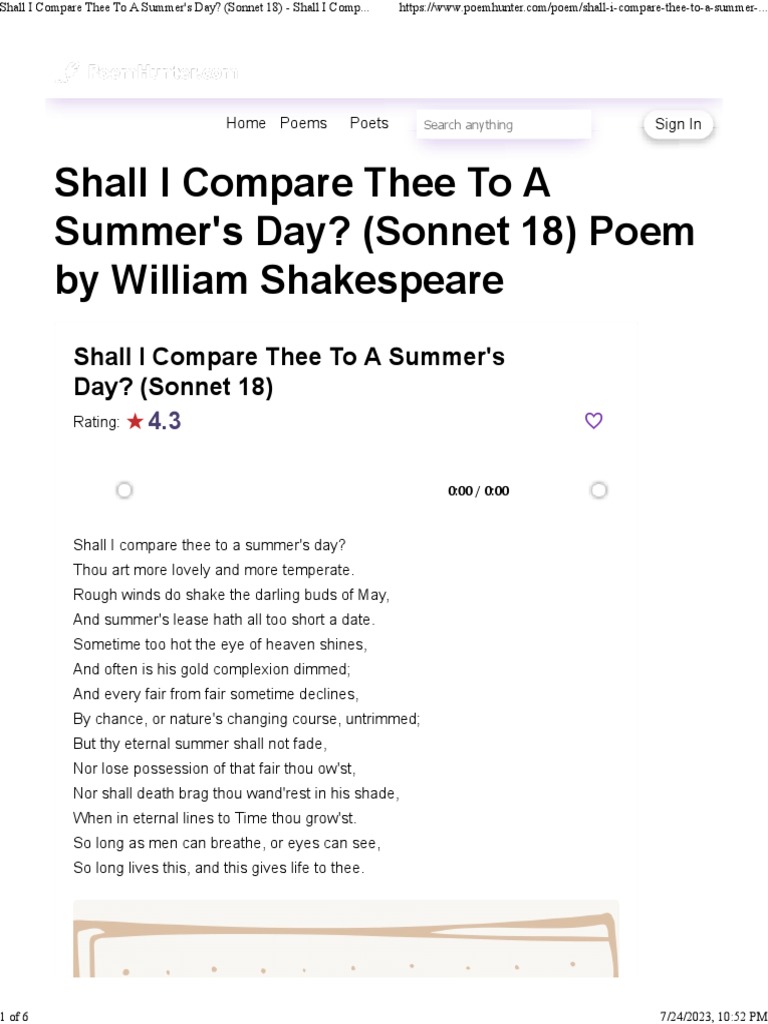 Shall I Compare Thee To A Summer's Day (Sonnet 18) - Shall I Compare ...