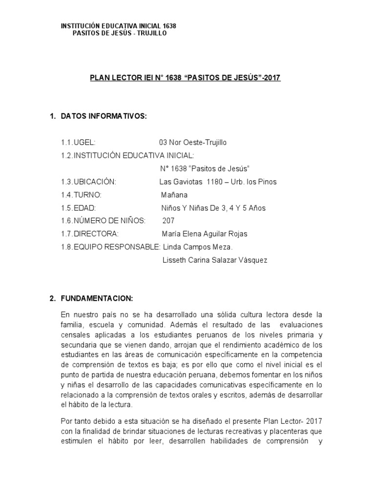 Plan Lector Iei #1638 "Pasitos de Jesús"-2017 | PDF | Salón de clases ...