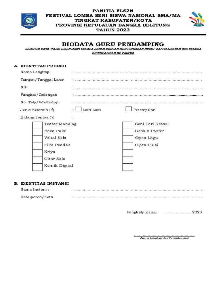 Biodata Guru Pendamping - Peserta FLS2N 2023 SMA - MA | PDF