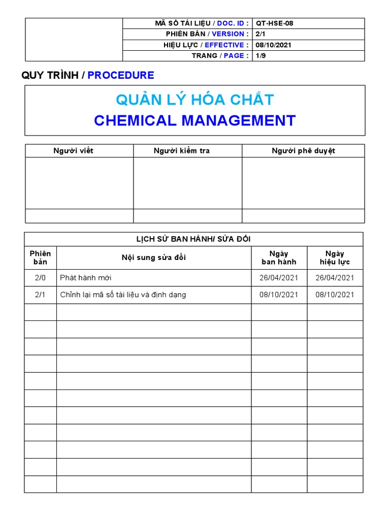QT-HSE-08 - QT Quan Ly Hoa Chat | PDF
