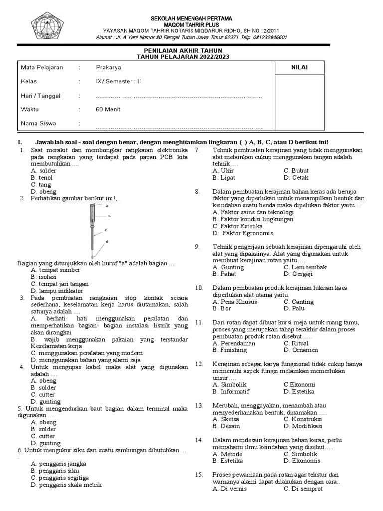 Penilaian Akhir Tahun Prakarya Kelas IX | PDF