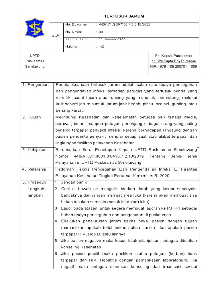 Sop Tertusuk Benda Tajam Puskesmas | PDF Sop Tertusuk Benda Tajam Puskesmas | PDF
