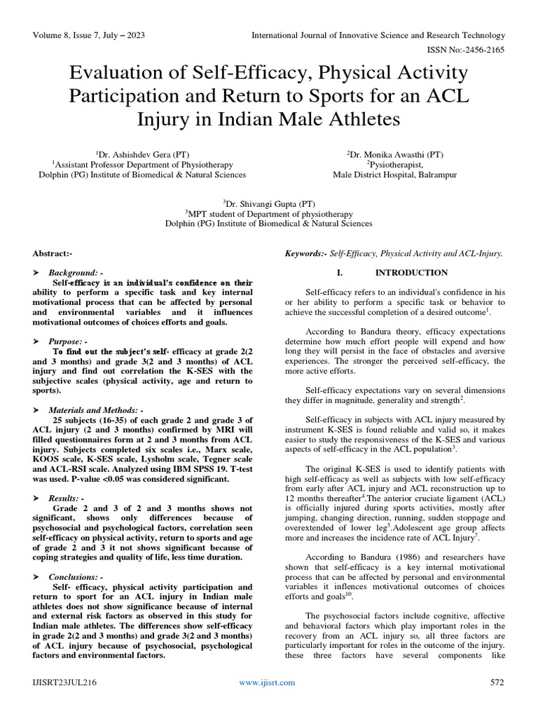 Evaluation of Self-Efficacy, Physical Activity Participation and Return ...
