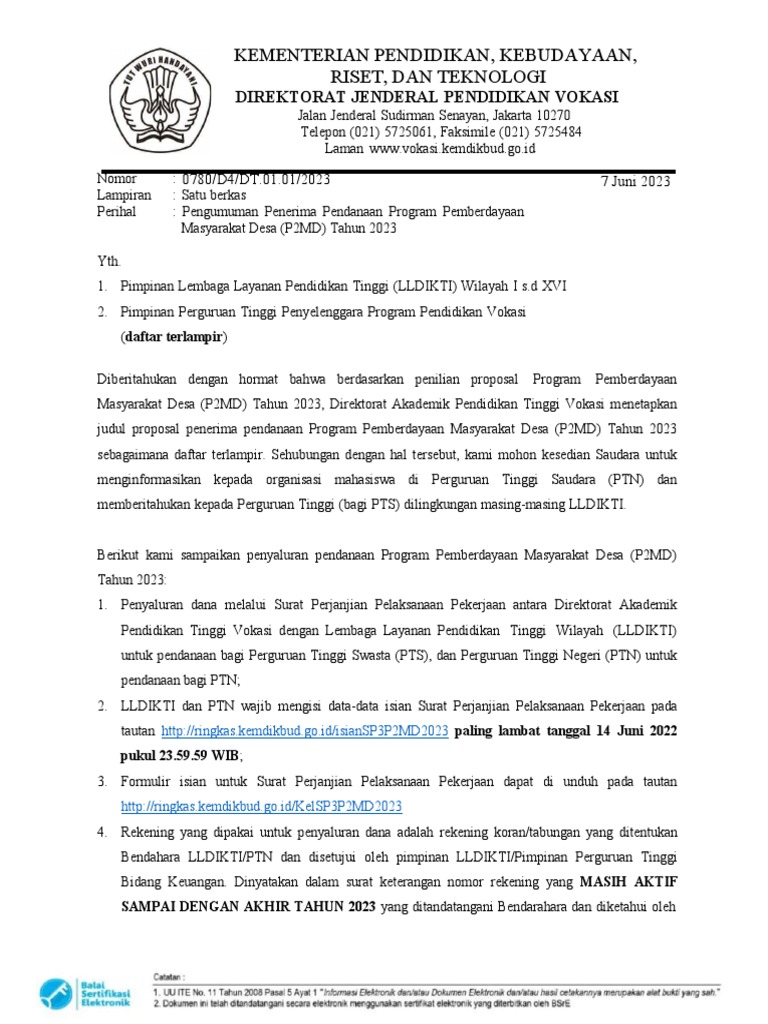 Pengumuman Penerima P2MD 2023 | PDF