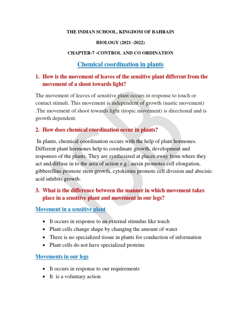 Chemical Coordination in Plants-Notes | PDF | Plant Hormone | Auxin