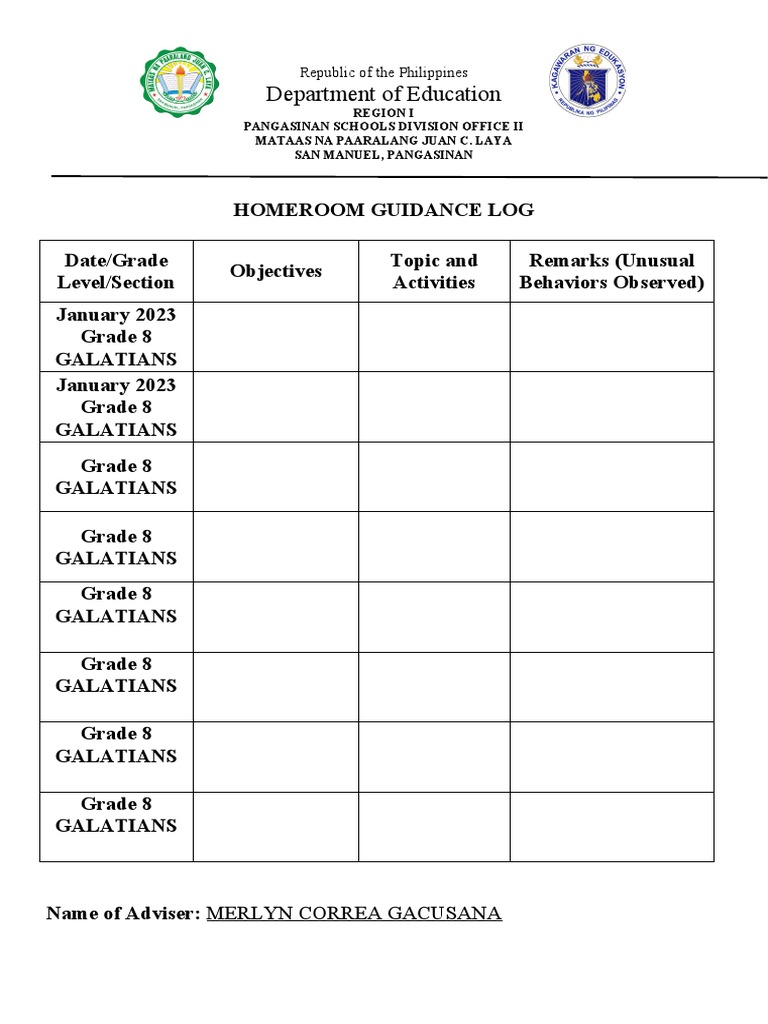 Homeroom Guidance Log Template | PDF