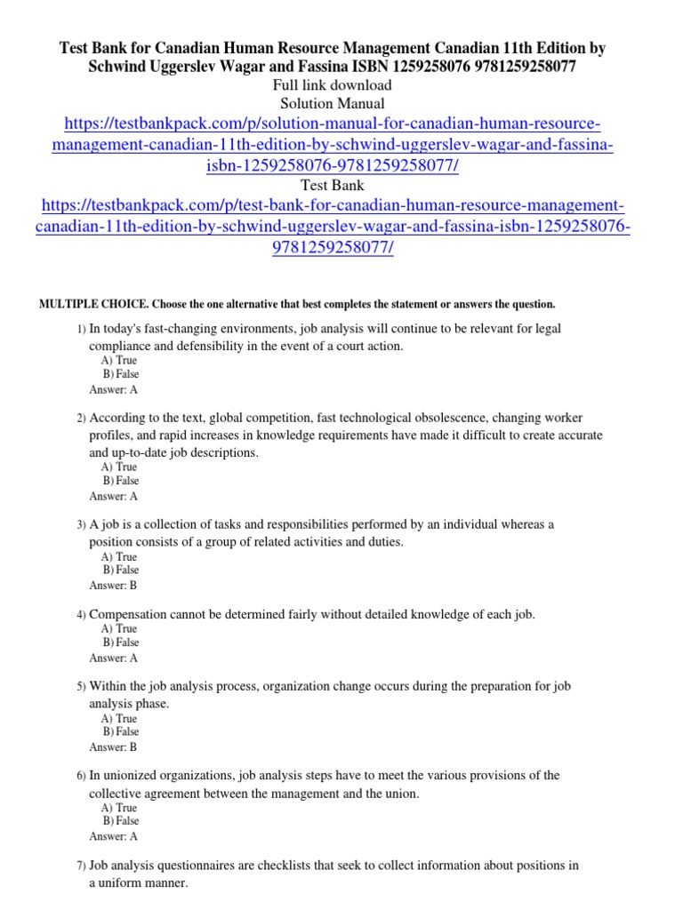 Canadian Human Resource Management Canadian 11th Edition by Schwind ...